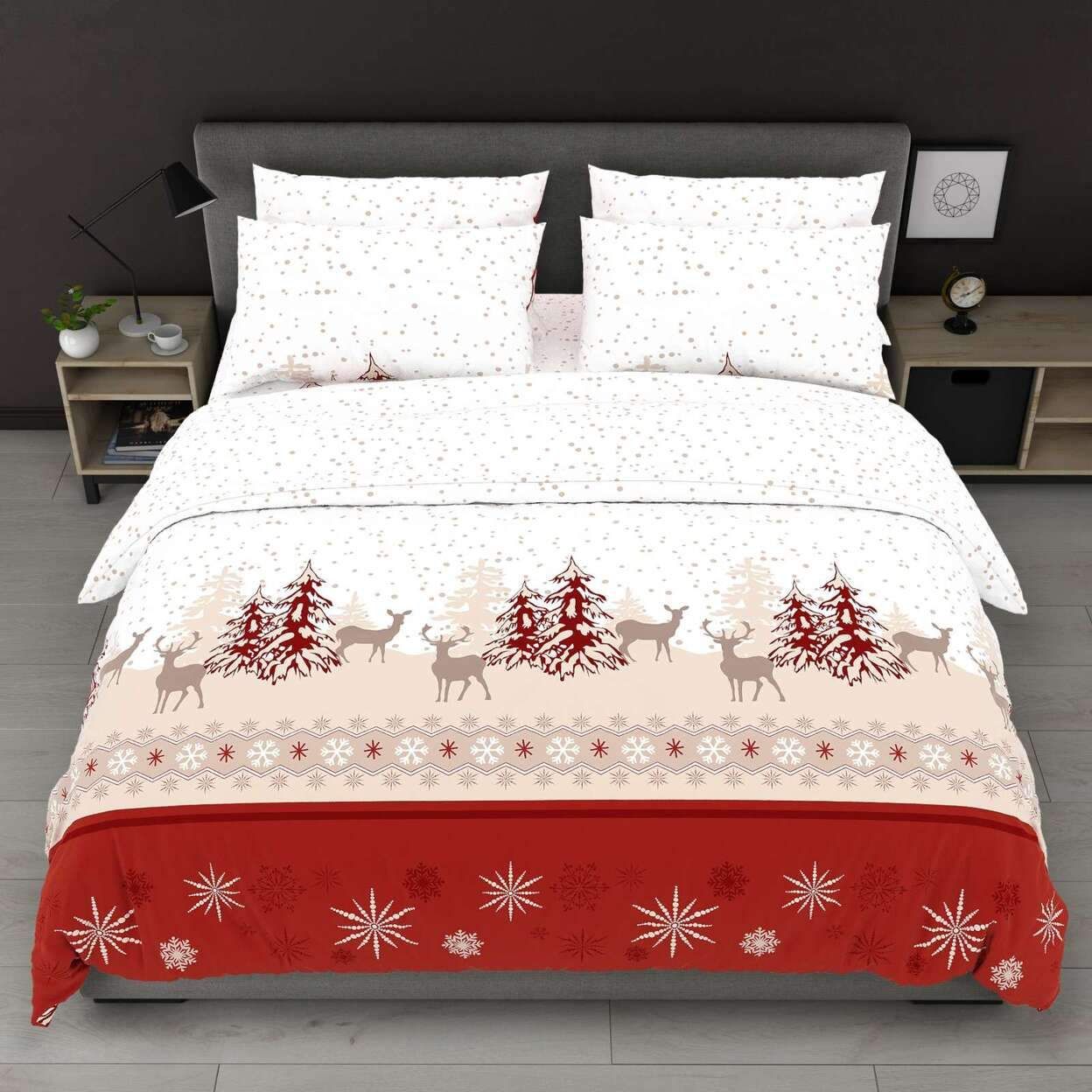 Постельное белье новогоднее двухспальное белое с красным Зимний лес ...