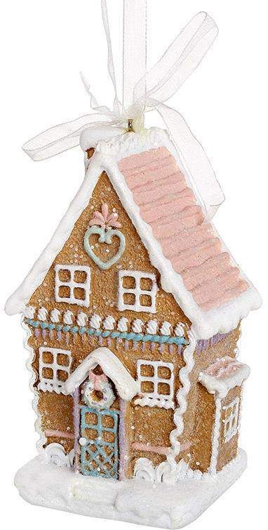 Набір 6 декоративних підвісок Пряниковий Будиночок 11 см із глітером імбирний з рожевим BonaDi ...