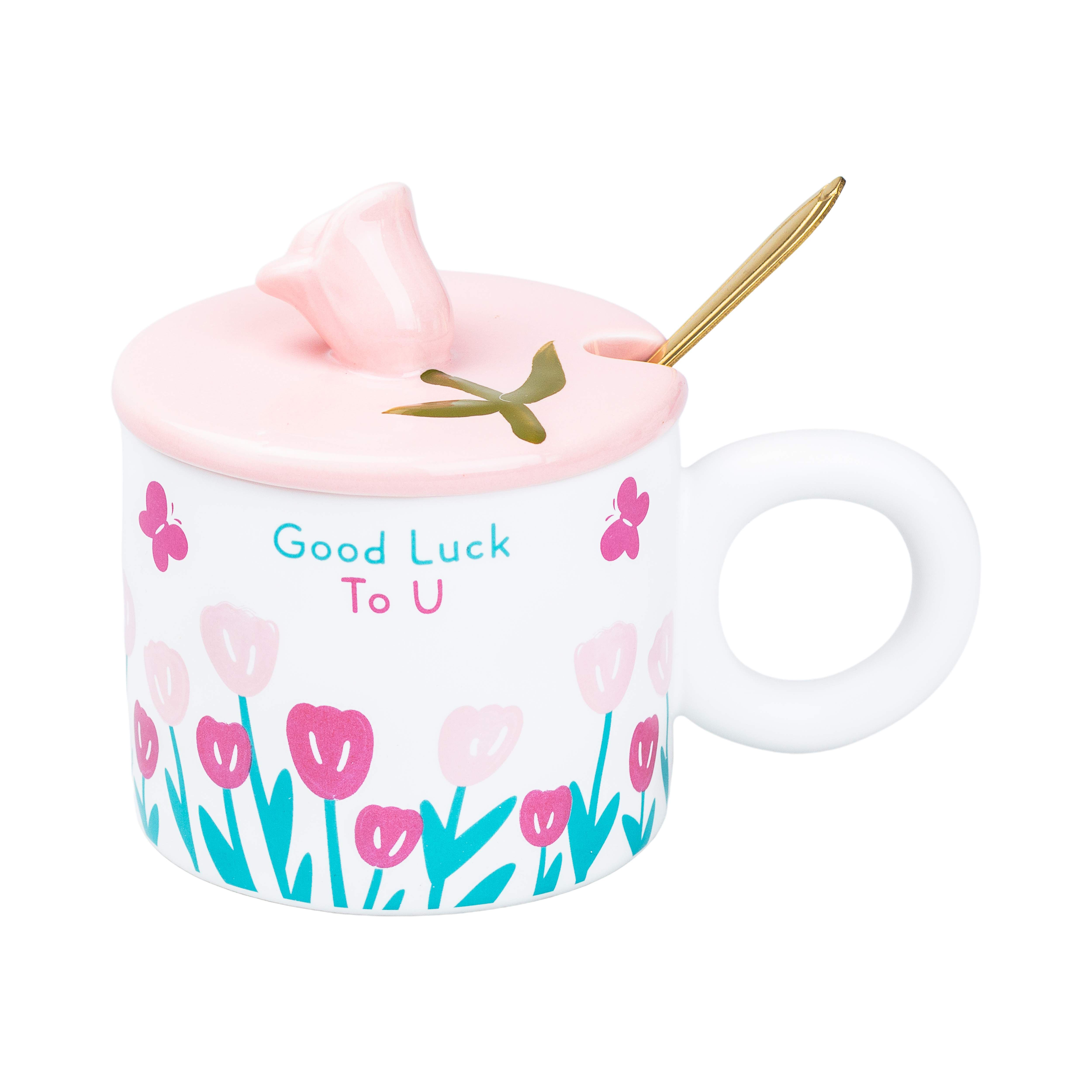 Чашка керамическая Tulips 300 мл с крышкой и ложкой, голубой Happy Life ...