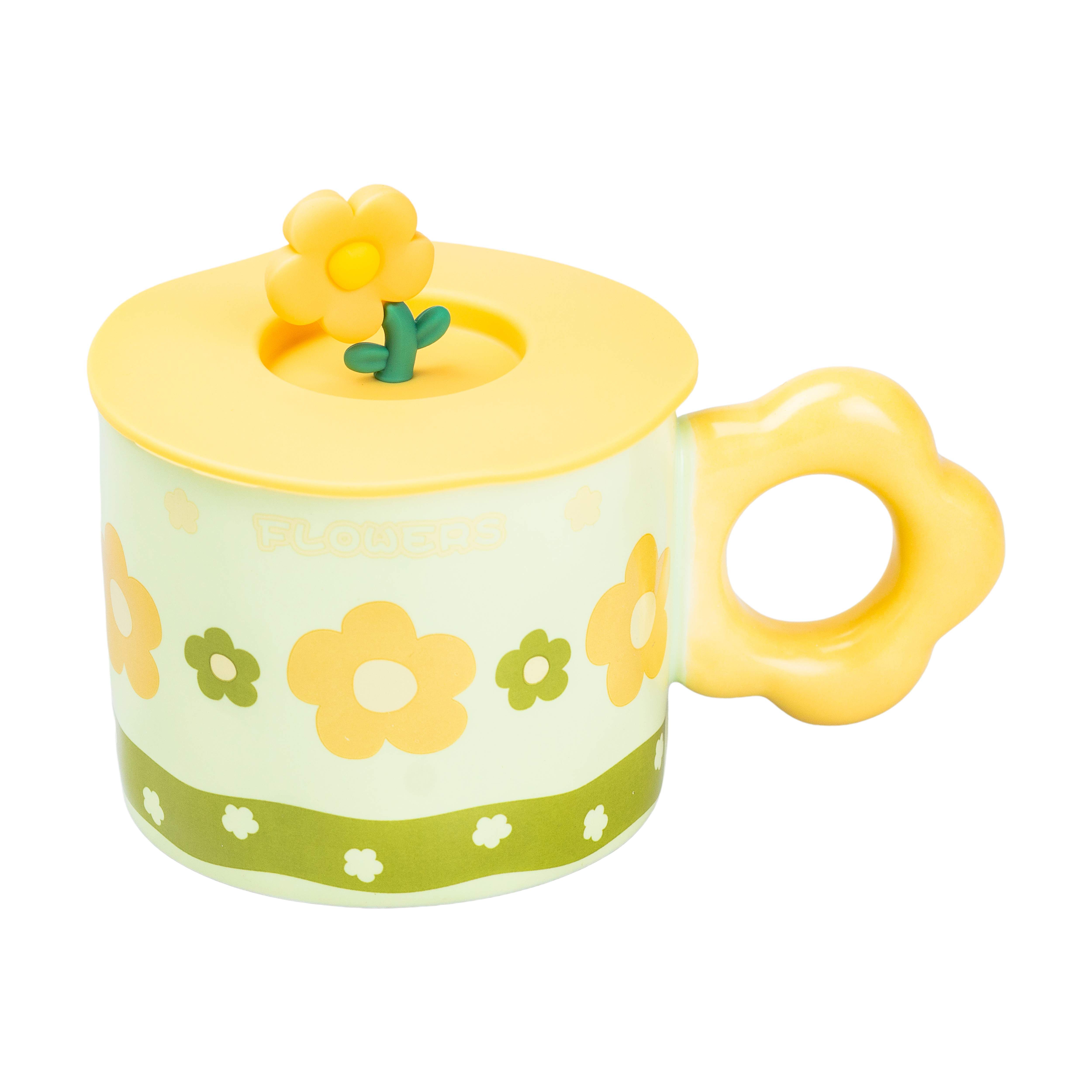 Чашка керамическая Flowers 300 мл с крышкой, зеленый Happy Life ...