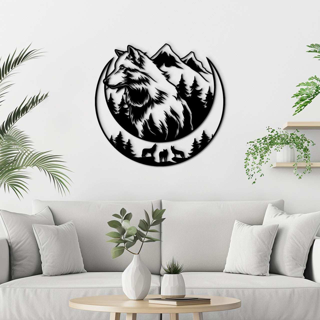 Сучасна картина на стіну в спальню Woodyard декоративне панно з дерева Вовк і місяць стиль лофт