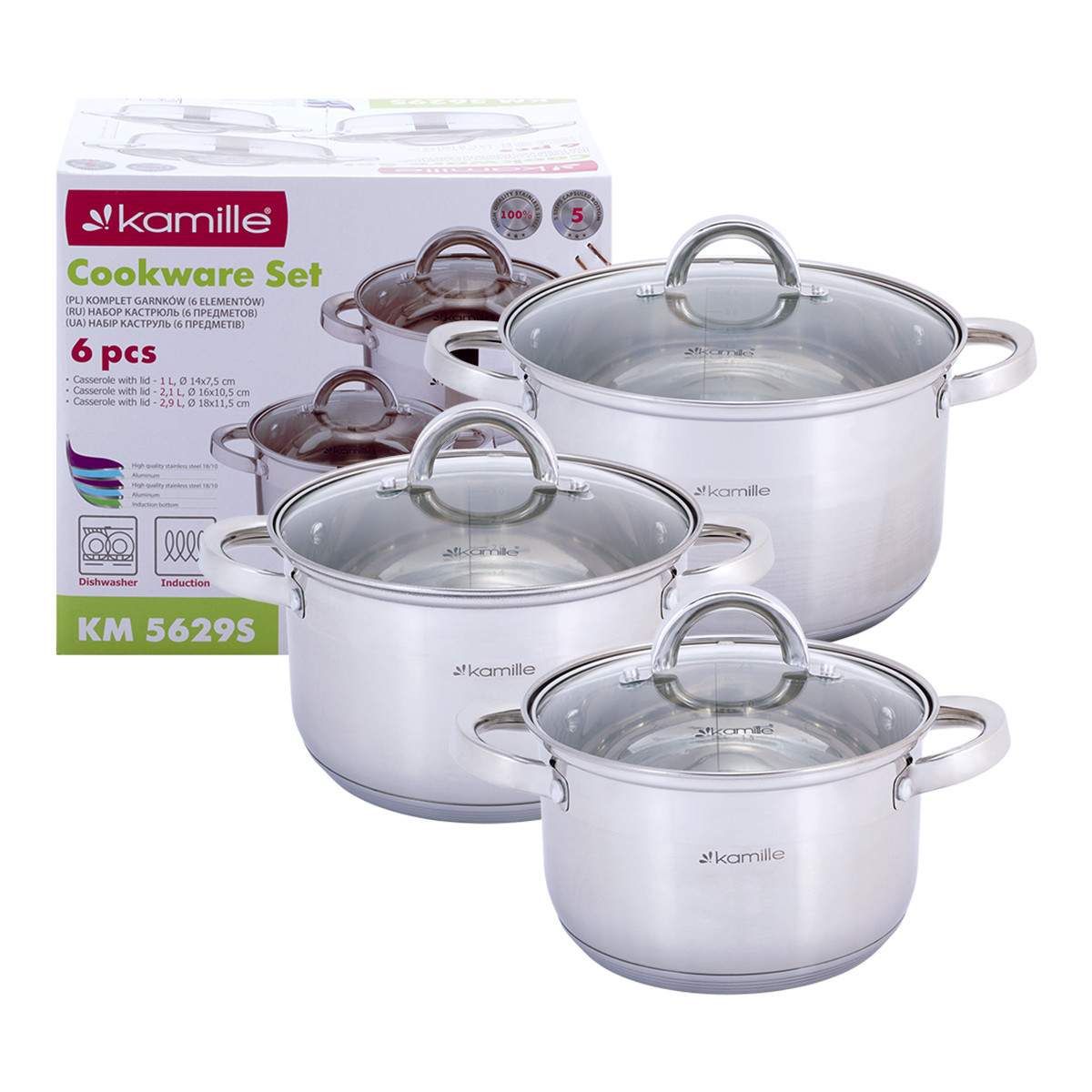 Набір каструль 6 предметів Kamille 2,5 л, 3,8 л, 6,5 л Сірий CL0014389 ...