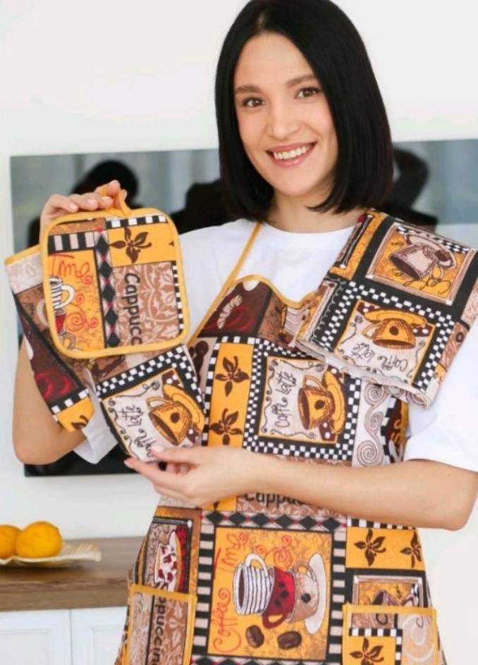 Набор фартук рукавичка прихватка для кухни 55х73 Бежево-оранжевый Кофе ...