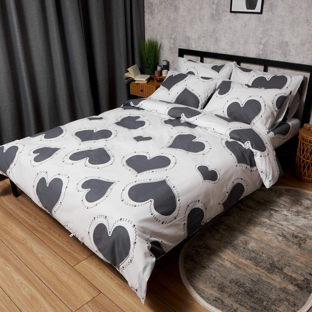 Комплект постільної білизни Moon&Star Бязь Gold Люкс Grey Love Сімейні 143х210х2 наволочки ...