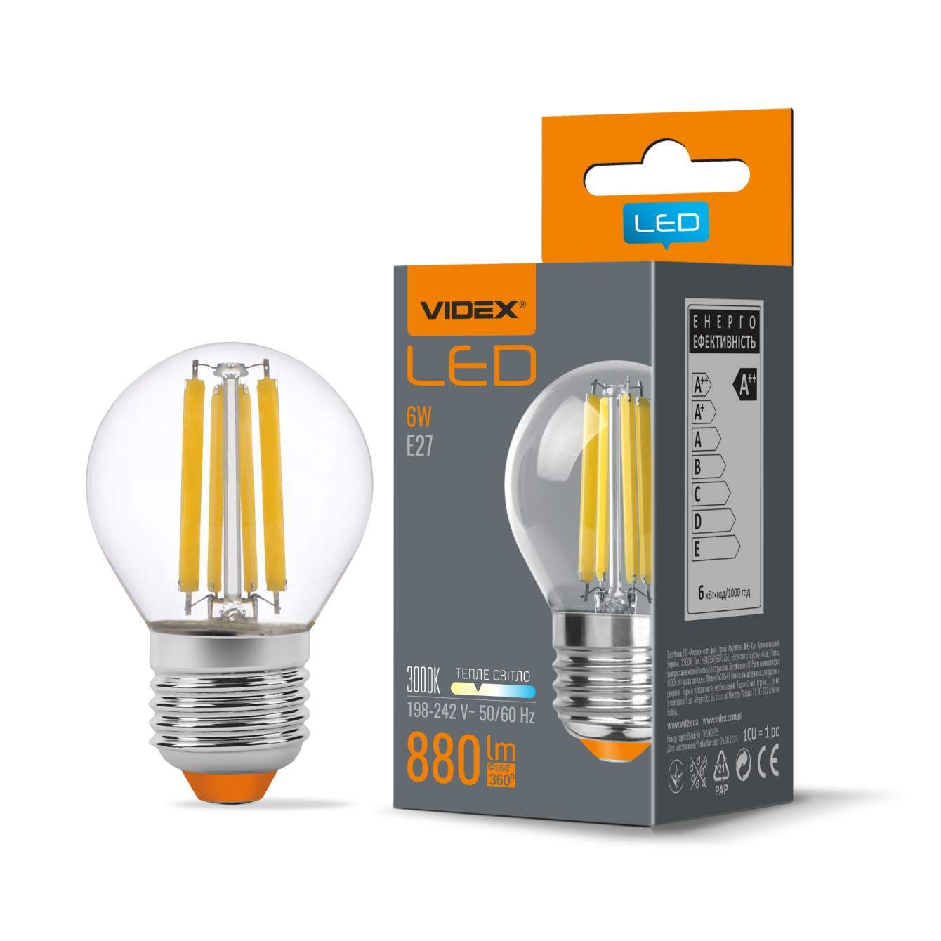 Лампочка LED 6W E27 3000K 220V (VL-G45F-06273) VIDEX Filament (1283507) — купить на EVA.UA ...