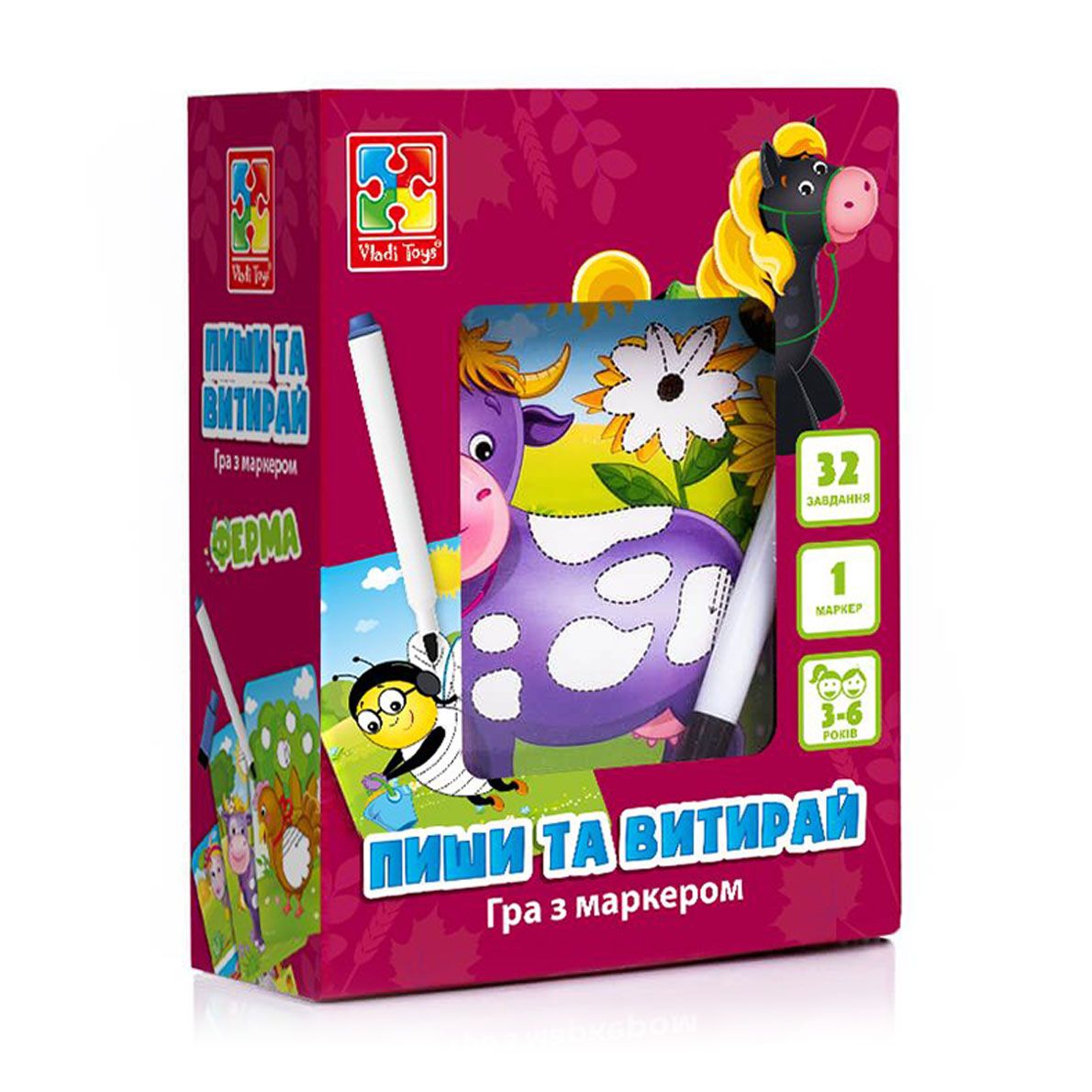 Настільна гра з маркером Vladi Toys Пиши та витирай. Ферма, українською мовою, від 3 років, 33 ...