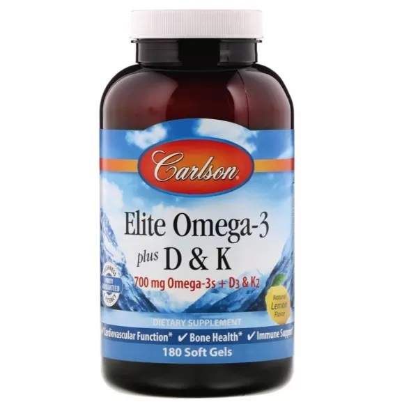 Омега 3 Carlson Labs Elite Omega-3 Plus D & K 180 Soft Gels Natural ...