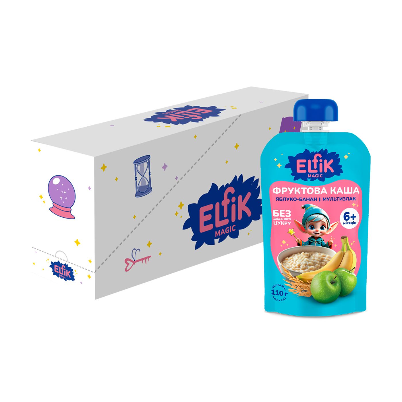 Дитяча фруктова каша Elfik Magic Яблуко-банан і мультизлак, без доданого цукру, від 6 місяців ...