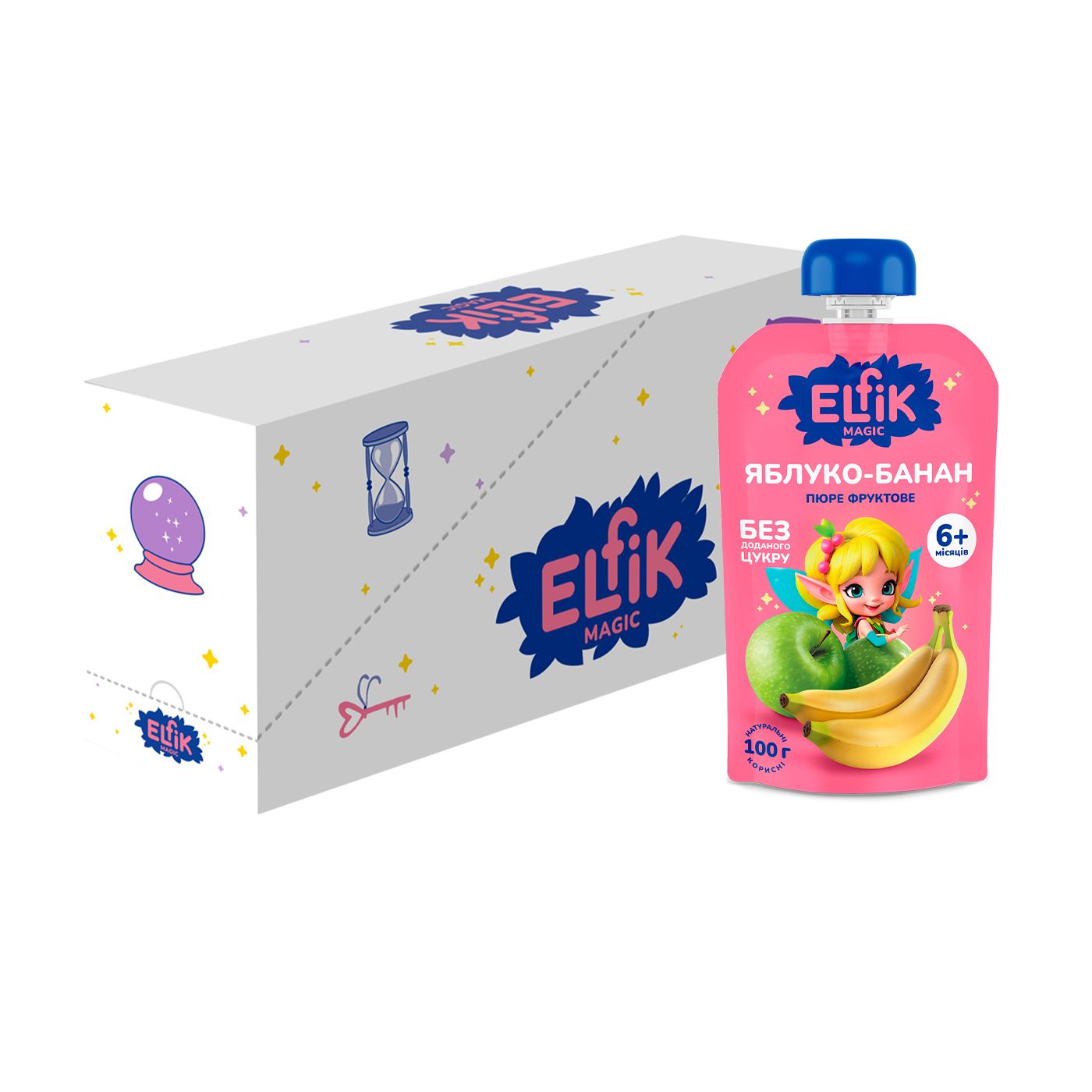 Дитяче фруктове пюре Elfik Magic Яблуко-банан, без доданого цукру, від 6 місяців, 18*100 г ...