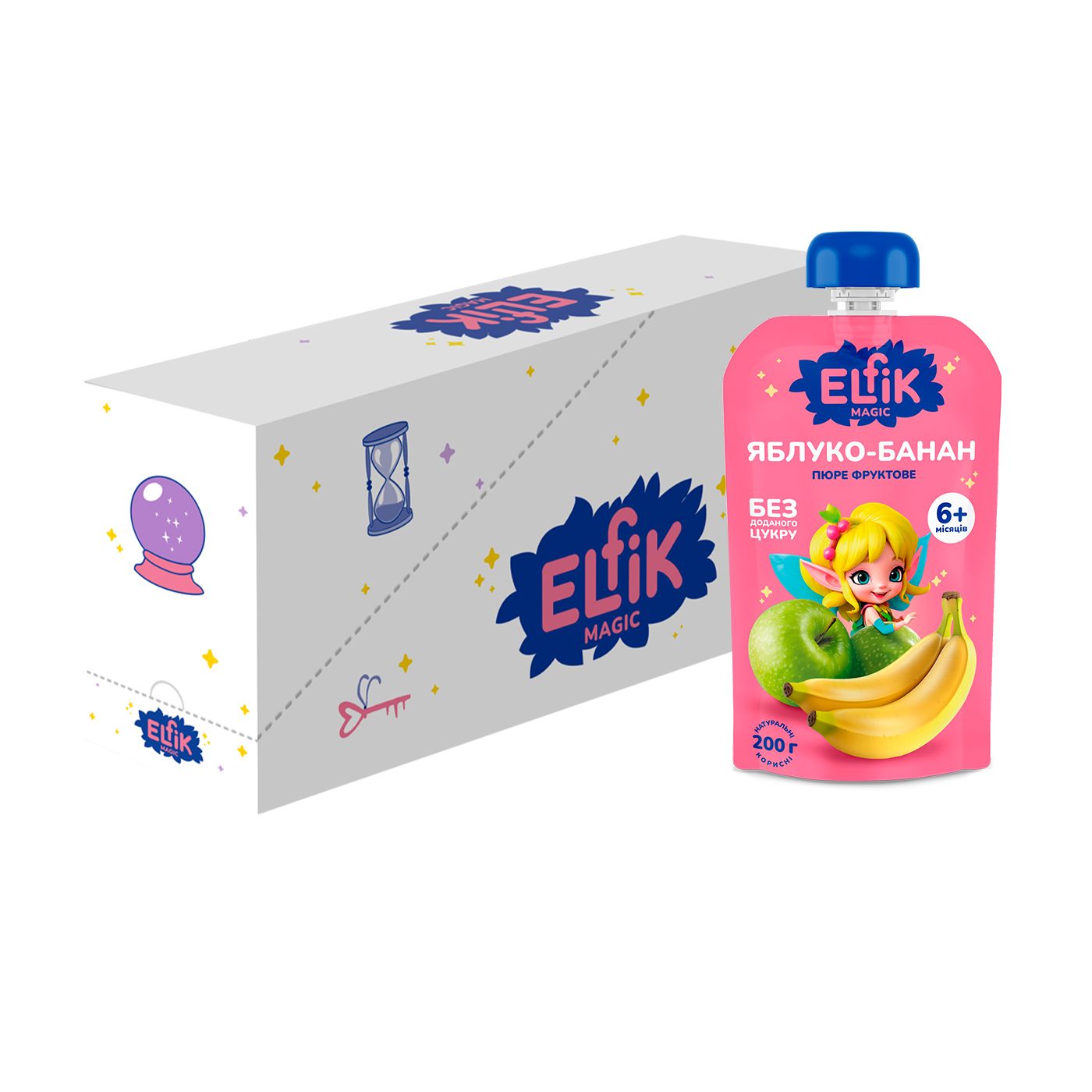 Упаковка Детское фруктовое пюре Elfik Magic Яблоко-банан, без добавленного сахара, от 6 месяцев ...