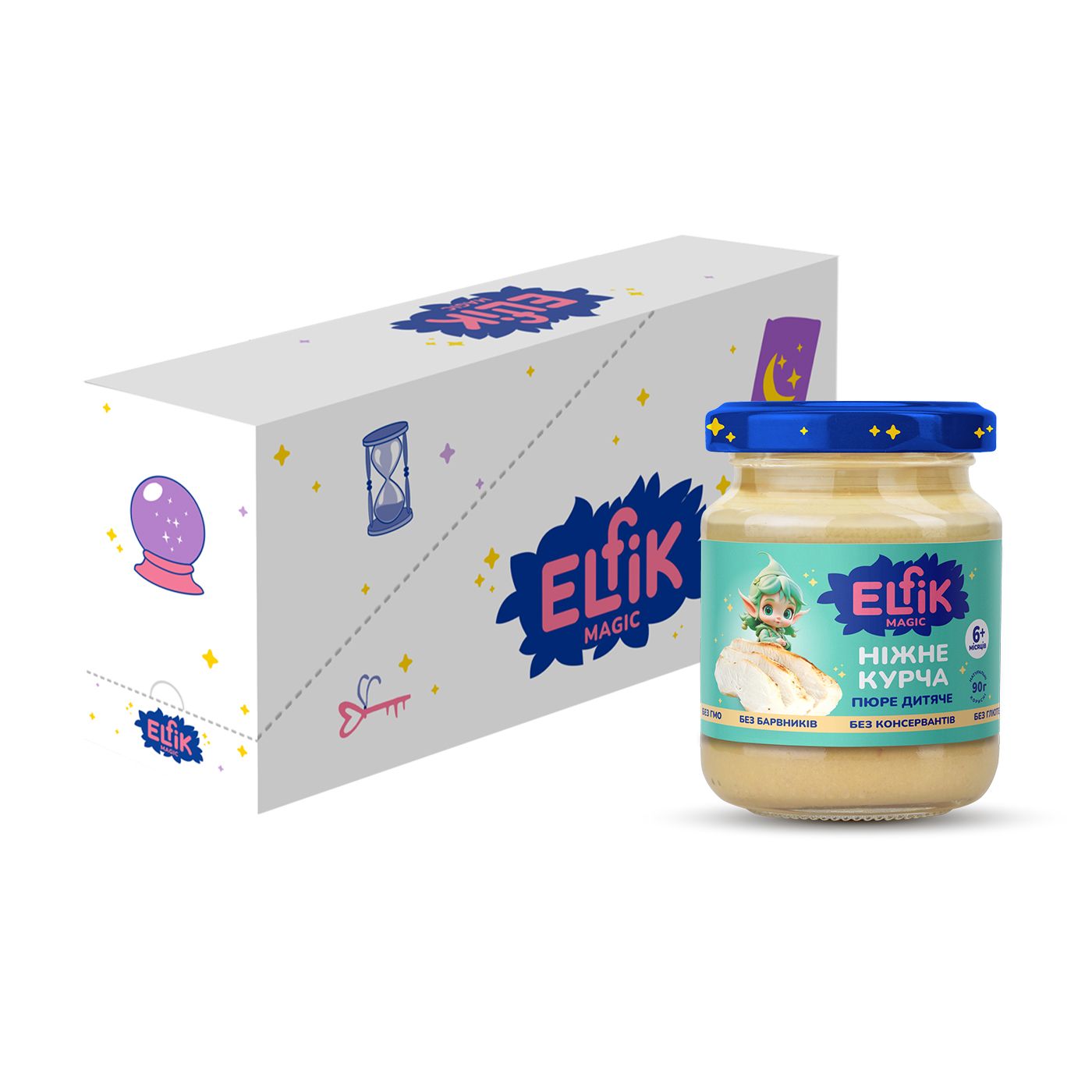Упаковка Детское мясное пюре Elfik Magic Нежный цыпленок, от 6 месяцев, 12*90 г - купить на EVA ...