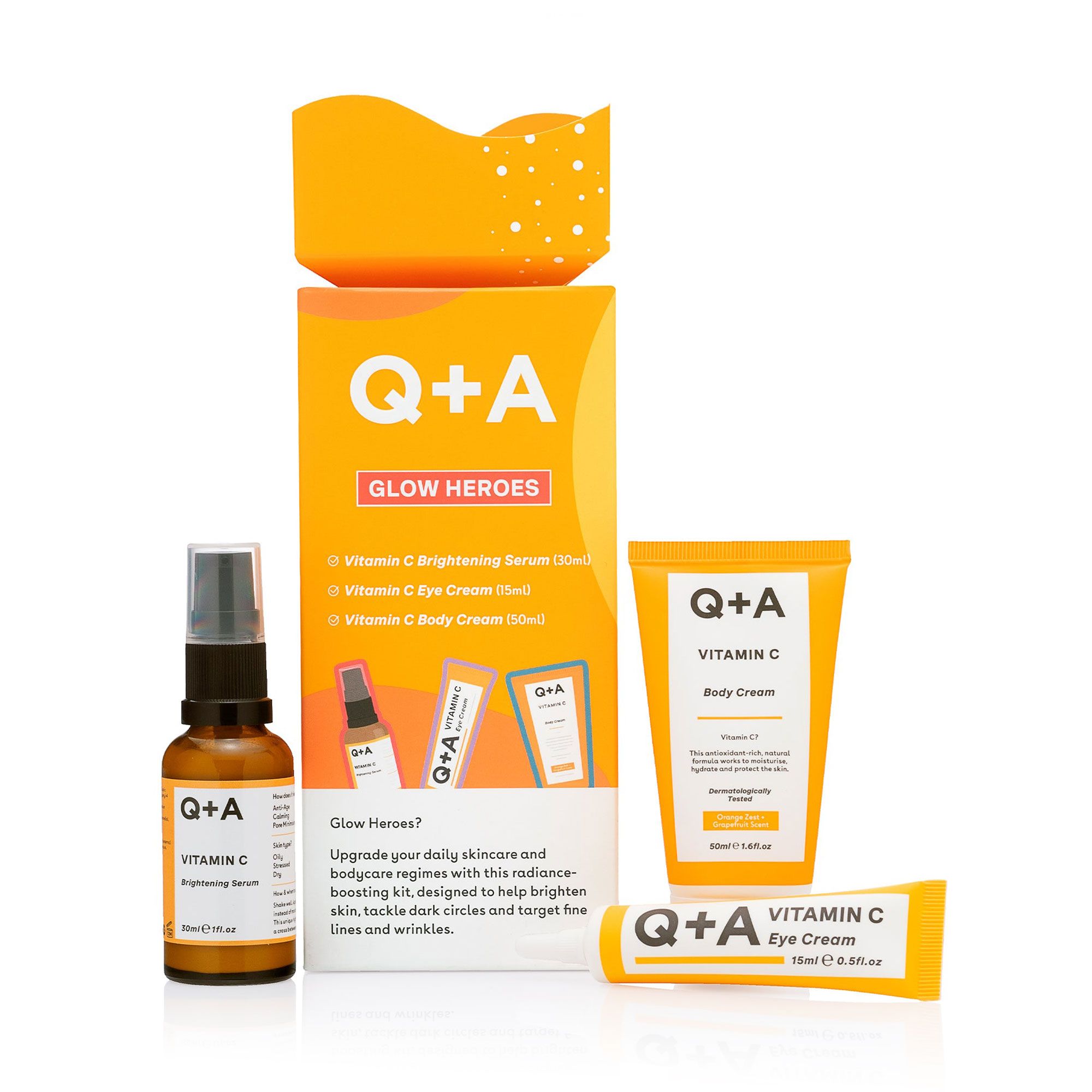 Подарочный набор для сияния кожи Q+A Glow Heroes Gift Set (сыворотка, 30 мл + крем, 15 мл + крем ...