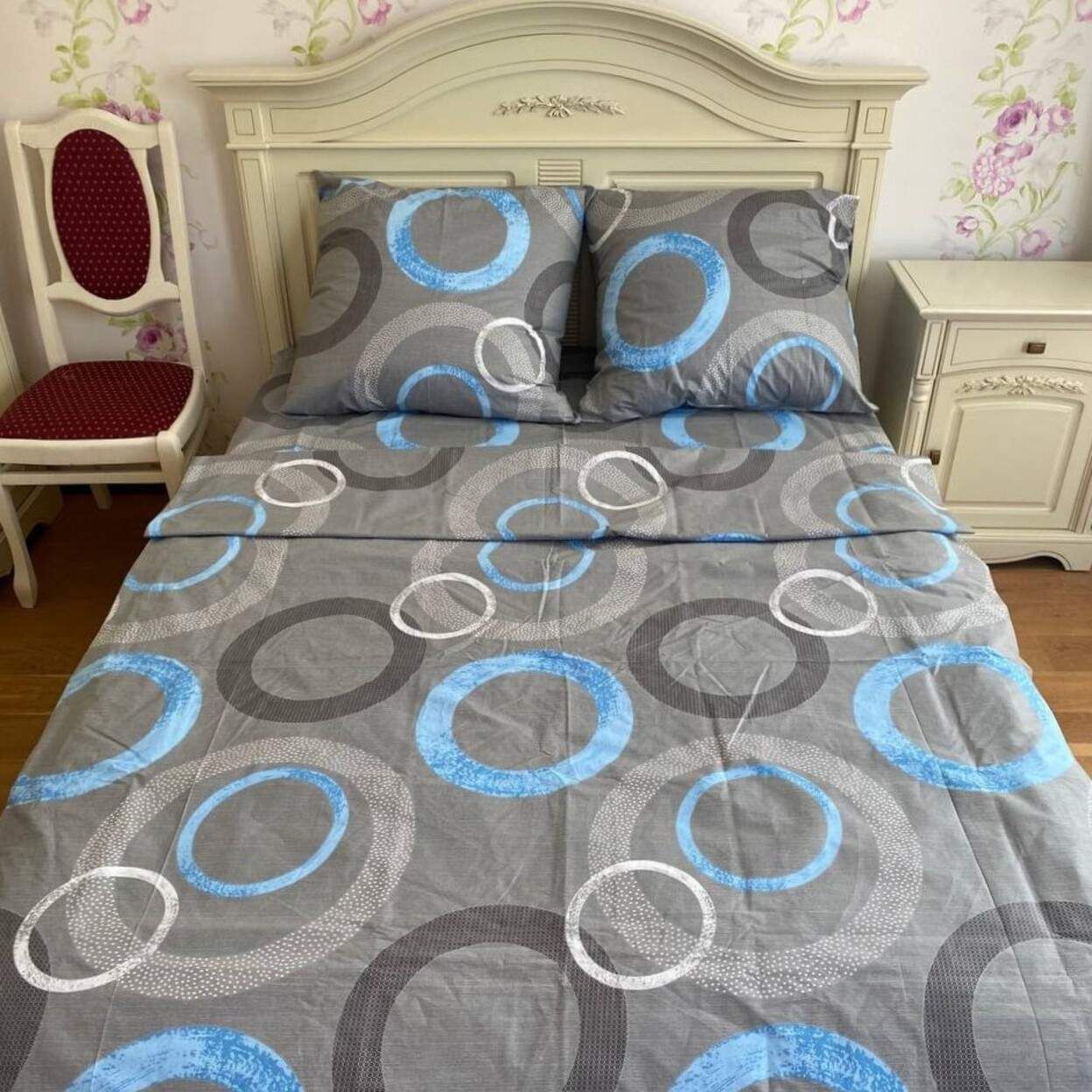 Постільна білизна двоспальна сіра з блакитним геометрія Бязь Голд ...