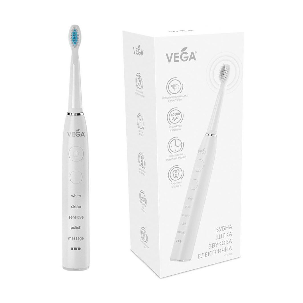 Електрична звукова зубна щітка Vega VT-600 W на 5 режимів чищення, біла, 1 шт — купити на EVA.UA ...