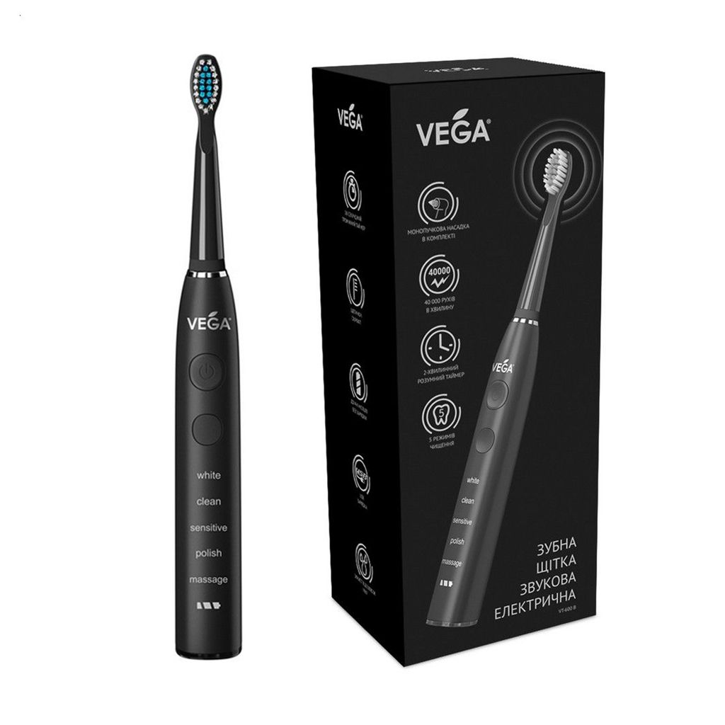 Електрична звукова зубна щітка Vega VT-600 В на 5 режимів чищення, чорна, 1 шт — купити на EVA ...