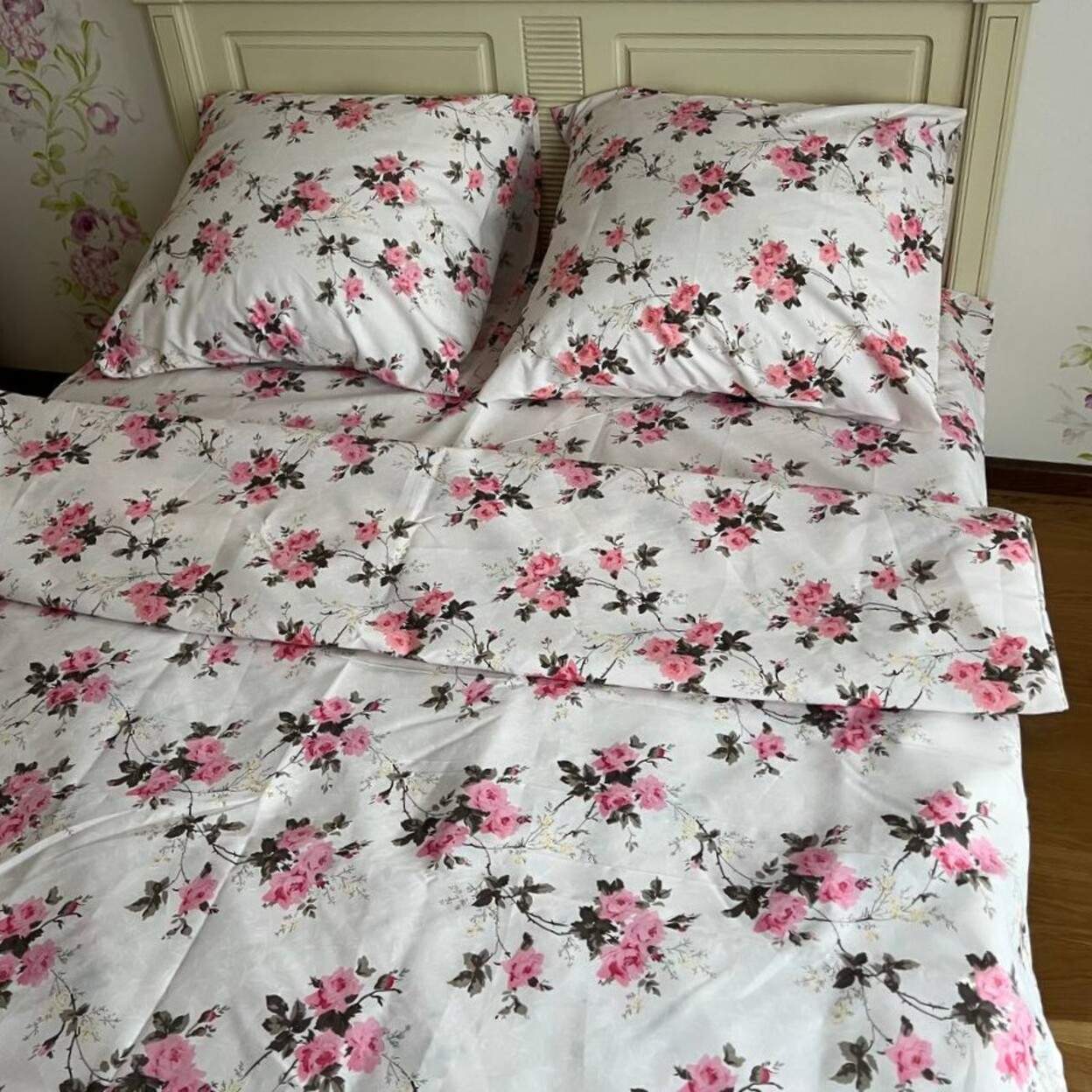 Постільна білизна полуторна біла Квіти Бязь Поліестер Ananasko 24629 ...