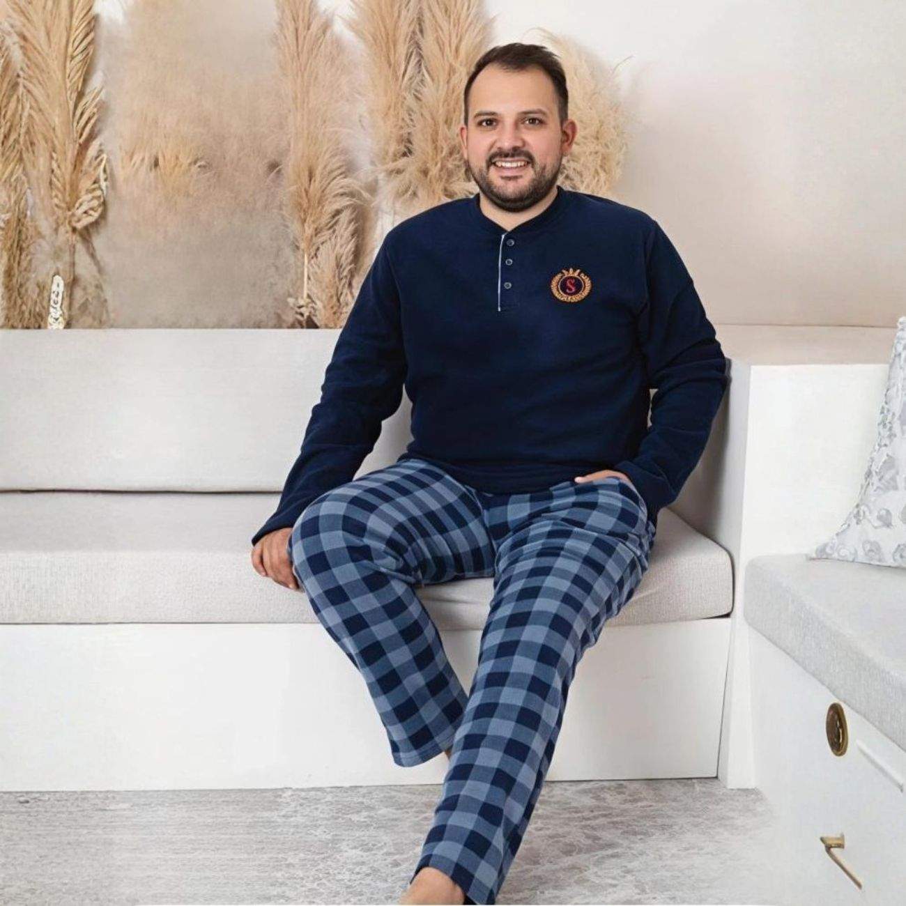 Піжама (кофта+штани) чоловіча тепла Фліс 3XL синя Клітинка SNC SNC3447 ...