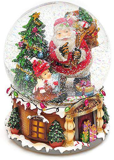 Декоративный водяной шар Санта с подарками 20см музыкальный стеклянный ...