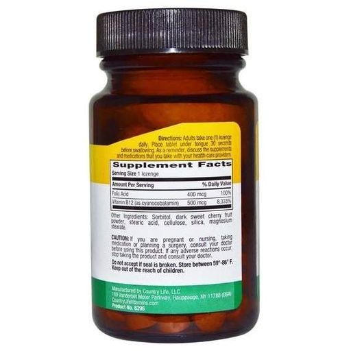Вітамін Б12 Country Life Vitamin B12 Sublingual 500 mcg 100 Lozenges ...